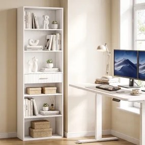 HOMCOM knihovna se 7 patry, 6 otevřenými přihrádkami a vlnitou zásuvkou, moderní, 60 x 24 x 182 cm, bílá