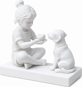 soška, dekorativní, holčička a pes, 7x7 cm, pryskyřice, barva bílá, Dekorino SF20260012