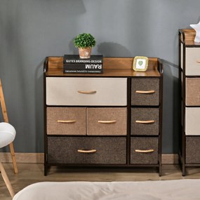 HOMCOM Textilní Komoda s 7 Skládacími Zásuvkami, Dřevěný Přední Panel a Kovový Rám pro Ložnici a Obývací Pokoj 80x29x78,5 cm