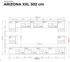 Ral Obývací stěna ARIZONA XXL, 302 cm - Bílý lesk