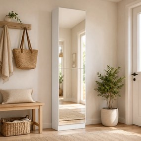HOMCOM úzký úsporný botník s celozrcadlem, 5 textilních polic, otočné tlumené dveře, pojme 12 párů, 50 x 20 x 180 cm, bílý