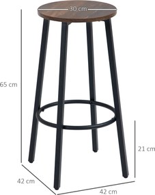 HOMCOM Barová židle sada 2 kuchyňských židlí s podnožkou v industriálním designu, kovový rám, pro jídelnu do 120 kg, 42x42x65 cm, hnědá | Aosom.de