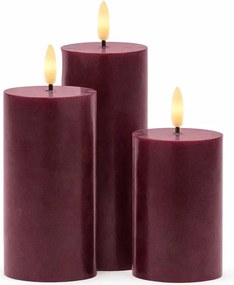 LED svíčky z pravého vosku dobíjecí Bordeaux, sada 3 ks, výška 10/12,5/15cm, ø 7,5 cm, vínová, bez stanice