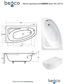 BESCO Asymetrická vana CORNEA Nožičky k vaně - S nožičkami, Rozměr vany - 140 × 80 cm, Způsob provedení - Levé - VANCOR140L+OLVPINOZ