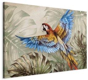 Obraz XXL Papoušek v džungli - barevný pták mezi listy monstery