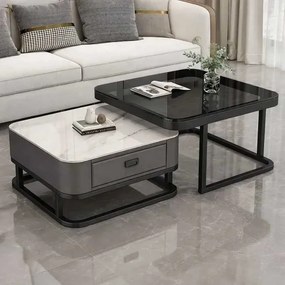 LuxuryForm DESIGN Konferenční stolek ARAGON 70 × 70 / 60 × 60 cm – šedý / bílý mramor + sklo (set 2 ks)