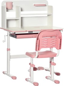 HOMCOM Dětský stůl a židle pro děti 3+ let S nastavitelnou výškou a sklopným stolním povrchem, zásuvkou a knihovnou 80x52x88-109 cm Růžový | Aosom