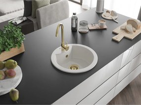 Mexen Diego, granitový dřez 488x488x167 mm, 1-komorový, bílá se zlatým sifonem, 6512481000-20-G