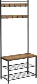 Kabátový stojan, botník, výška 175 cm, rustikální ořech a černá