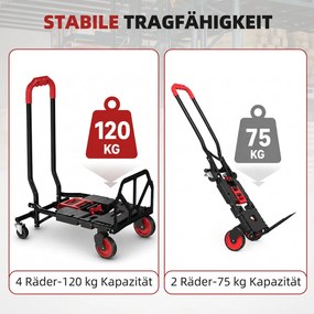 HOMCOM 2-v-1 plošinový vozík a rudl skládací přepravní vozík s otočnými kolečky, rukojetí, ocel až 120 kg