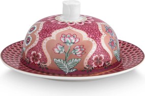 Pip Studio Flower Festival máselnice 17x8cm, tmavě růžová (Kulatá máslenka z tenkostěnného porcelánu)