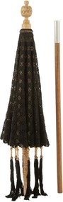 Černý boho slunečník s dřevěnou tyčí a střapci Lorie Wood - ∅ 140*250 cm