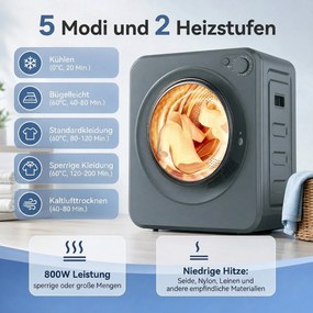 HOMCOM Mini sušička prádla 4 kg s 5 programy až do 60℃ 800W/400W odvětrávací sušička s nerezovým bubnem šedá
