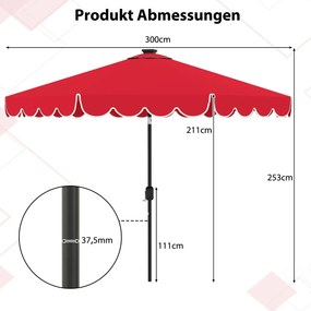 Costway 300 cm slunečník s LED osvětlením a klika a záclonka market, víno