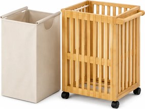 koš na prádlo, 2x80 l, kolečka, bambus/látka, 71x43x43 cm, přírodní/krémová, Dekorino KP20260008