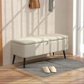 HOMCOM sedací lavice s úložným prostorem, čalouněná lavice s lněným vzhledem, sedací truhla s kovovými nohami 102 x 40 x 44 cm, krémově bílá