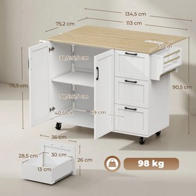HOMCOM kuchyňský ostrůvek s vysouvací pracovní deskou, nabíjecí stanice, kolečka, 2 dveře, 3 zásuvky, regál na koření a držák na ručníky, bílý