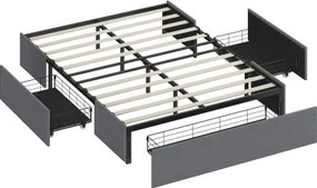 HOMCOM postel s úložným prostorem 140 x 190 cm, čalouněný rám dvojlůžka se 3 zásuvkami, LVL lamelový rošt, bezhlučný, šedá