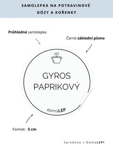 Samolepka na kořenky GYROS PAPRIKOVÝ průhledná 5 cm základní písmo