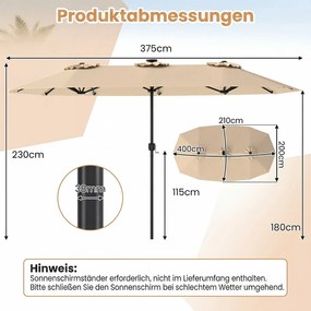 Costway Dvojitý slunečník s LED osvětlením obdélníkový – 400 × 210 cm, béžový