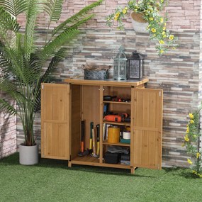 Outsunny Venkovní Dřevěná Úložná Skříň 0,24 m² 75x40x90 cm Zahradní Domek s 2 Dveřmi, 4 Policemi a Pozinkovanou Střechou pro Úložný Prostor Nářadí