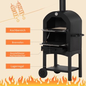 Outsunny 2v1 venkovní pizza trouba na kolečkách s grilem a krytem, pizza lopata, 2 grilovací sítě, grilovací vozík s komínem, 3-vrstvá trouba na dřev…