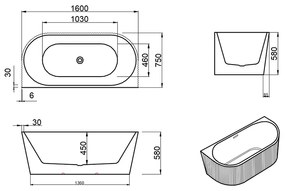 BPS-koupelny Volně stojící akrylátová vana ke stěně HYD-CA517C 160x75 bílá, odtokový komplet chrom