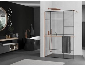Mexen Kioto+, sprchová zástěna Walk-In s poličkou a věšákem 130 x 200 cm, 8mm čiré sklo černý vzor, ​​měděný matný profil, 800-130-121-65-78