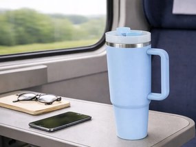 VERK Velký nerezový termohrnek se slámkou a držadlem – 1,2 l - světle modrý