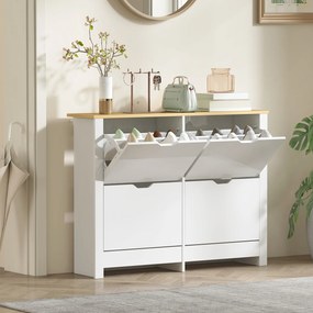HOMCOM úzký botník s 4 výklopnými přihrádkami – úsporný regál na boty až pro 16 párů, 105 × 26 × 80 cm (bílá / přírodní)