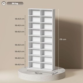 HOMCOM Stojan na CD, DVD a Blu-ray pro až 640 CD, 360 DVD nebo 430 Blu-ray s nastavitelnými policemi, 78,5 x 24 x 175 cm, bílý