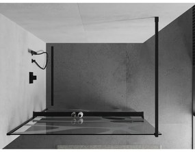 Mexen Kioto+, sprchová zástěna s poličkou a držákem na ručníky 140 x 200 cm, 8mm čiré sklo vzor bílý, černý profil, 800-140-121-70-97