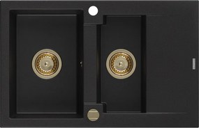 Mexen Gaspar, granitový dřez 737x475x177 mm, 1,5-komorový, černá se zlatým sifonem, 6507731505-77-G
