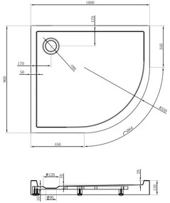 Mexen Flow+, čtvrtkruhová asymetrická sprchová vanička, levá, 100 x 90 cm, černá matná, 46Q709010LH
