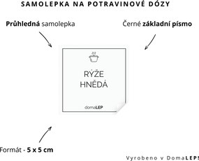 RÝŽE HNĚDÁ - omyvatelná samolepka na dózu, výběr rozměrů Ø 5 cm / 5 x 5 cm / 6 x 8 cm | DomaLEP tvar: ČTVEREC, barva: PRŮHLEDNÁ - ČERNÉ písmo, velikost: š. 5 cm x v. 5 cm - základní písmo
