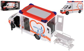 Auto ambulance plast 28cm s lehátkem na setrvačník se světlem se zvukem v krabici 39x18x12cm