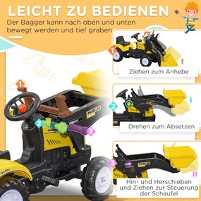 HOMCOM Sedací bagr s úložným prostorem, jezdící bagr s lopatou, šlapací traktor, smykem řízený bagr na písek, dětský bagr, smykem řízený bagr, bagr s…