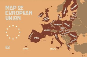 Samolepící tapeta hnědá mapa s názvy zemí EU - 300x200 cm