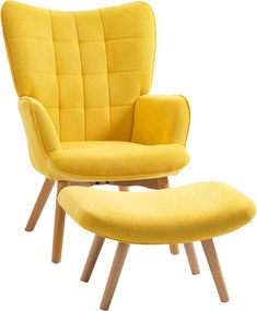 HOMCOM polohovatelné křeslo lounge wing chair s taburetem ve žluté barvě, křeslo s dřevěnými nohami, vzhled šňůry pro příjemné posezení | Aosom.de