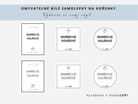 BARBECUE KOUŘOVÉ - omyvatelná samolepka na kořenky, výběr rozměrů Ø 5 cm / 5 x 5 cm / 6 x 8 cm | DomaLEP tvar: OBDÉLNÍK, barva: BÍLÁ - ČERNÉ písmo, velikost: š. 6 cm x v. 8 cm – základní písmo