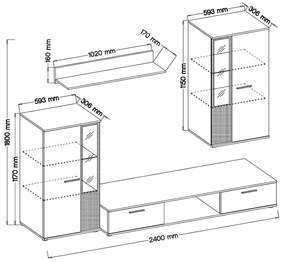Obývací stěna SALSA + komoda | 235 cm + 140 cm | sonoma