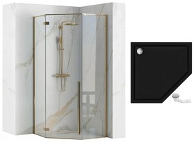 Pětiúhelníkový sprchový kout REA DIAMOND 90x90 cm, zlatý/transparent + vanička Diamond černá