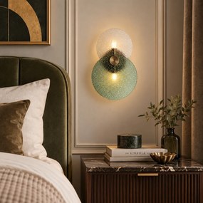 Nástěnné svítidlo Art Deco tmavý bronz se zeleným a čirým sklem 2-světelné - Text