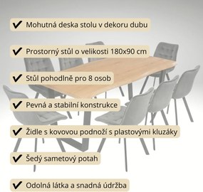 Vikio Jídelní set pro 8 osob 180x90 cm dub noha U šedá židle VJS158-8S-S