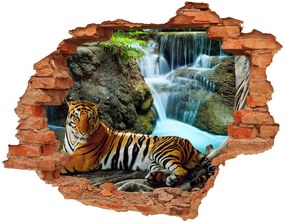 Wallmuralia Díra 3D fototapeta nálepka Tygr vodopád 90x70 cm