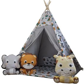 Dětský stan TEEPEE (TÝPÍ) ANIMALS s doplňky - JUNGLE - šedý