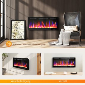 HOMCOM Elektrický krb, montáž na stěnu, nastavitelné plameny, termostat, časovač, ocel, černý
