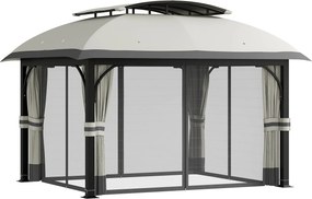 Outsunny Pavilón s Dvojitou Střechou, 4x3,3m Vodotěsný Pevný Zimní Zahradní Pavilón s Moskytiérou a Bočními Panely, Zahradní Pavilón z Pozinkovaného K