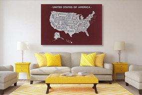 Obraz naučná mapa USA s bordovým pozadím - 120x80 cm