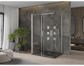 Mexen Omega, 3-stěnový sprchový kout s posuvnými dveřmi 100 (dveře) x 100 (stěna) x 190 cm, 8mm čiré sklo, chromový profil + černá sprchová vanička SLIM, 825-100-100-01-00-3S-4070
